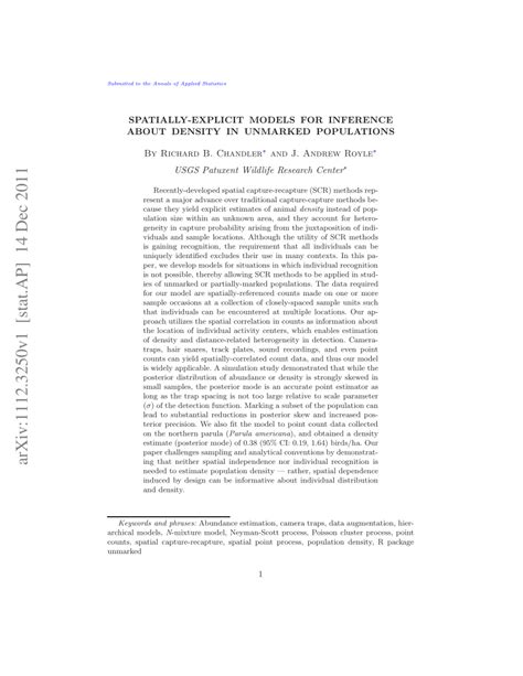 PDF Spatially Explicit Models For Inference About Density In Unmarked Populations