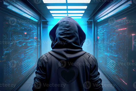 Hacker In The Black Hood In The Server Room Unrecognizable People