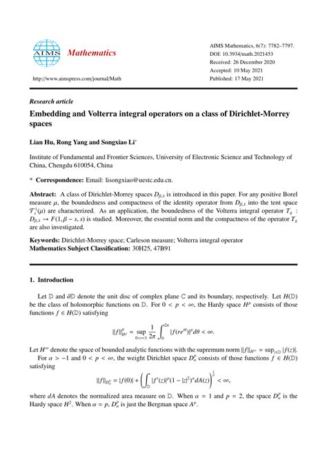 Pdf Embedding And Volterra Integral Operators On A Class Of Dirichlet