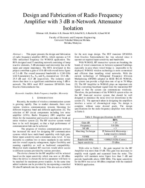 Pdf Design And Fabrication Of Radio Frequency Amplifier With 3 Db π Network Attenuator Isolation