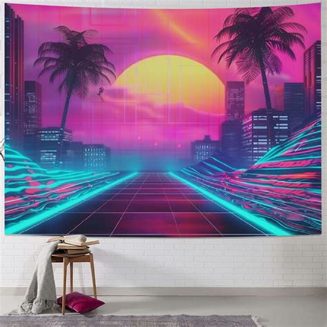 Tapestry Retro Futuristic Neon Landscape 1980s Digital 80s Party Sci