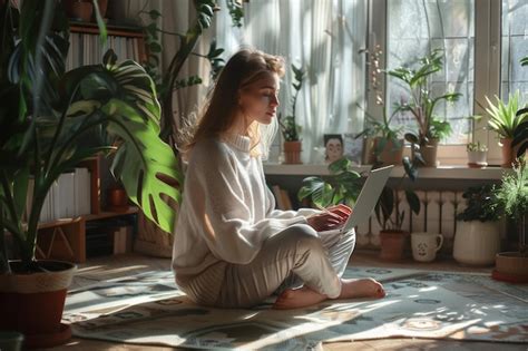 premium photo beautiful woman doing remote work at home with laptop
