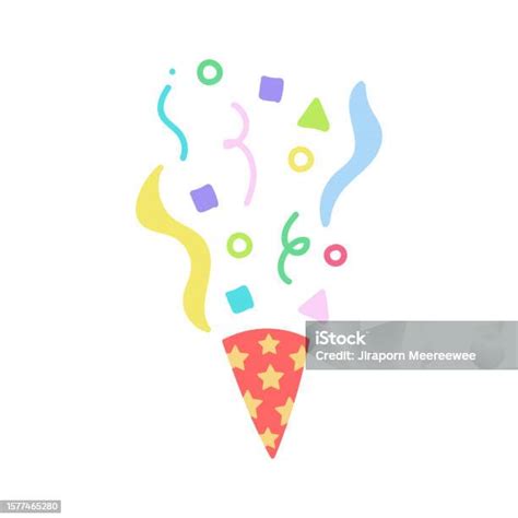 귀여운 파티 포퍼 격리 색종이 폭발 폭죽 축하 벡터 그리기 그림 손으로 그린 스타일 개념에 대한 스톡 벡터 아트 및 기타 이미지