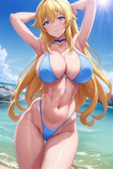 Rule 34 1girls Ai Generated Armpits Arms Behind Head Beach Big Breasts Bikini Blonde Hair Blue