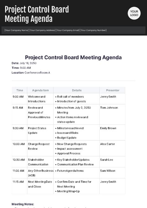 Free Project Control Board Meeting Agenda Template To Edit Online