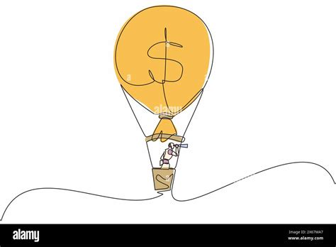 Single Continuous Line Drawing Robots In Hot Air Balloon With Money Bag Looking With Telescope