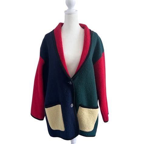 Vtg Primary Colorblock Wool Sweater Jacket Cardigan Size Large 80s 90s Patchwork Etsy