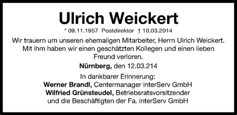 Traueranzeigen Von Ulrich Weickert Trauernnde