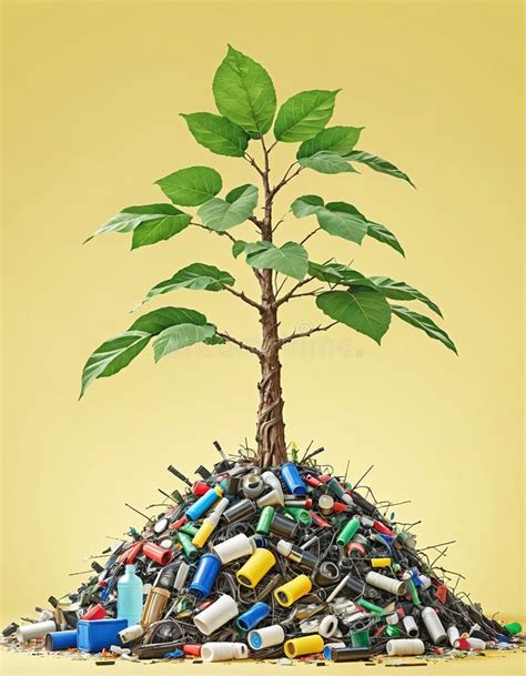 A Free Standing Green Tree Grows Out Of A Pile Of Waste Garbage And Old Electronic Devices