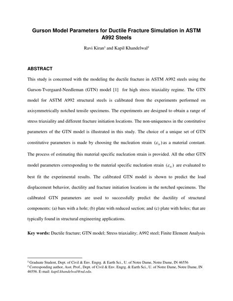 Pdf Gurson Model Parameters For Ductile Fracture Simulation In Astm A992 Steels