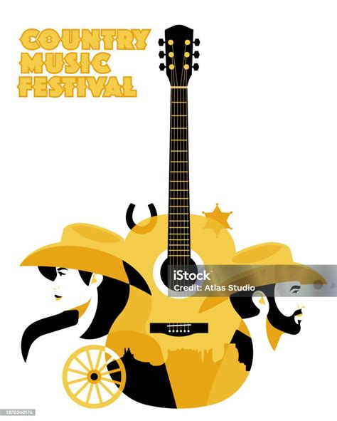 컨트리 뮤직 페스티벌 포스터 어쿠스틱 기타가 있는 컴포지션 카우보이 모자를 쓰고 있는 사람들이 있습니다 시골 소녀 카우보이 야생 서쪽 풍경 음악 이벤트에 대한 그림입니다