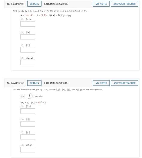 solved find u v ∥u∥ ∥v∥ and d u v for the given inner