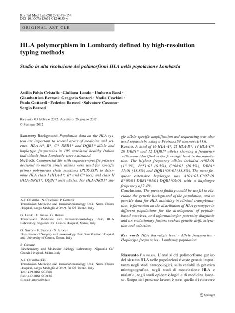 Pdf Hla Polymorphism In Lombardy Defined By High Resolution Typing Methods