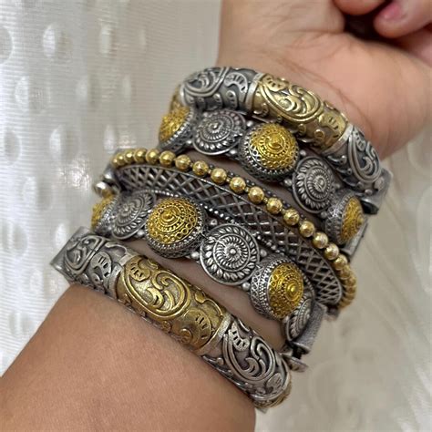 5pc Mixed Metal Boho Bangle Set • Oxidized Silver And Gold Tribal