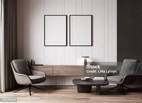 나무 패널 거실과 현대적인 인테리어 디자인의 모형 포스터 프레임 3d 렌더링 거실에 대한 스톡 사진 및 기타 이미지 거실 0명 호화로움 Istock