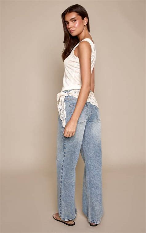 Prettylittlething Mid Blue Wash Removable Crochet Wrap Detail Jeans