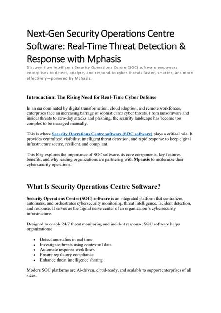Next Gen Security Operations Centre Software Real Time Threat Detection And Response With Mphasis