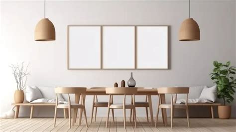 모의 포스터 프레임을 특징으로 하는 현대적인 인테리어를 갖춘 스칸디나비아 스타일 식당의 3d 렌더링 포스터 프레임 프레임 모형 식당 배경 일러스트 및 사진 무료
