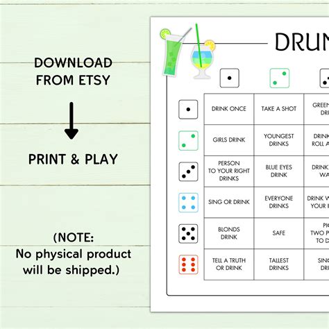 Printable Drunk Dice Game Drinking Game For Adults Alcohol Game Printable Party Game
