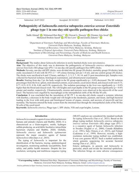 Pdf Pathogenicity Of Salmonella Enterica Subspecies Enterica Serovar Enteritidis Phage Type 1
