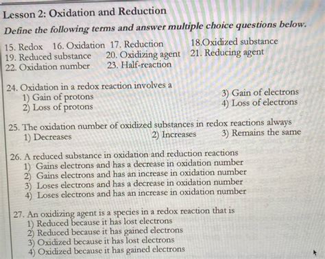 Solved Lesson 2 Oxidation And Reduction Define The Following Terms
