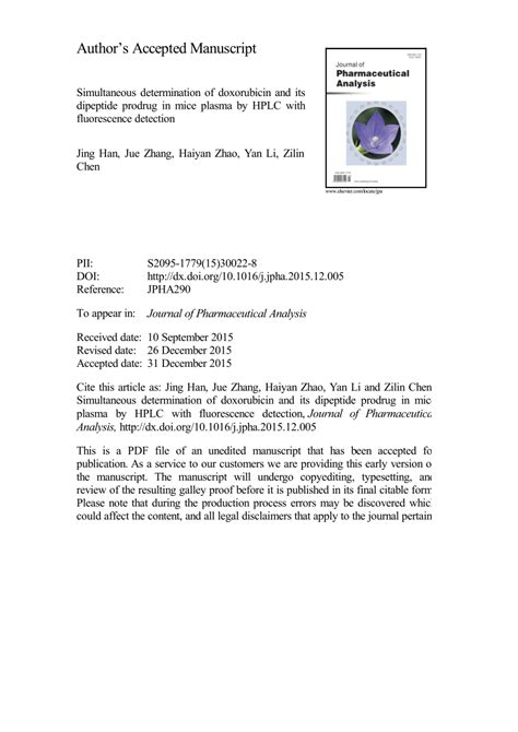 Pdf Simultaneous Determination Of Doxorubicin And Its Dipeptide Prodrug In Mice Plasma By Hplc