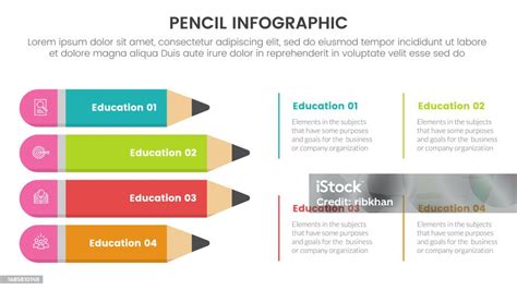 연필 교육 인포그래픽 슬라이드 프레젠테이션을 위한 연필 모양 화살표 오른쪽 방향이 있는 4포인트 스테이지 템플릿 0명에 대한 스톡 벡터 아트 및 기타 이미지 Istock