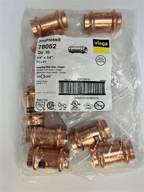 Viega 78052 Propress Copper Coupling With Stop 3 4 Inch P X P 10 Pack
