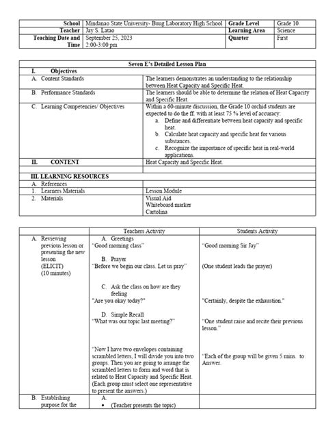 7es Lesson Plan By Jay Latao 2 Pdf Heat Calorie