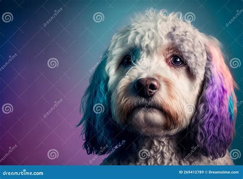 Cute Portrait Of A Cockapoo Crossbreed Dog Bright Neon Lighting Stock