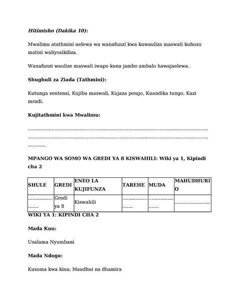Grade 8 Klb Top Scholar Kiswahili Rationalized Lesson Plan Term 2026