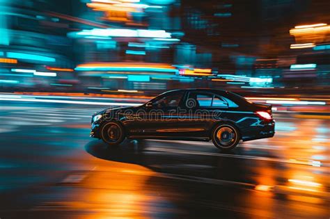 Dynamic Night Cityscape Fast Car Movement Captured With Slow Shutter Speeds From Moving Vehicle