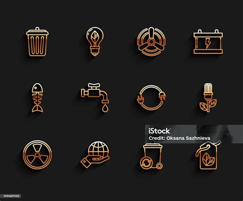방사성 물질 지구 지구본 쓰레기통 재활용 기호가 있는 휴지통 태그 잎 수도꼭지 전구 및 전기 플러그 아이콘을 들고 있는 인간의 손을 설정합니다 벡터 검은색에 대한 스톡 벡터