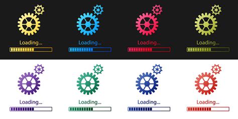 흑백 배경에서 격리된 로딩 및 기어 아이콘을 설정합니다 진행률 표시줄 아이콘입니다 시스템 소프트웨어 업데이트 로딩 프로세스