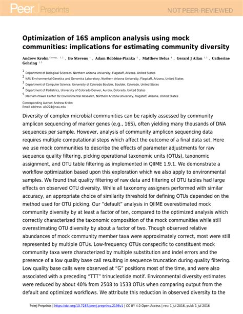 Pdf Optimization Of 16s Amplicon Analysis Using Mock Communities Implications For Estimating