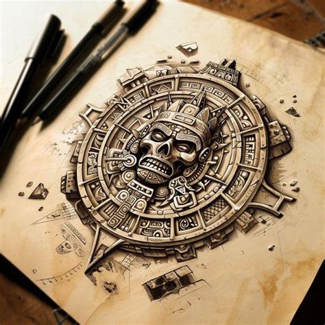 Tattoo Sketch Of A Chicano Art Aztec Calendar Detailed And Symmetrical