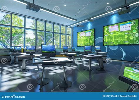 A Contemporary Classroom Featuring Interactive Panels And Ai Assistants Creating A Modern And