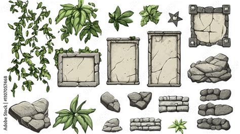 Jungle Game Ui Elements With Stone Texture And Green Liana Vines And Tropical Plant Leaves