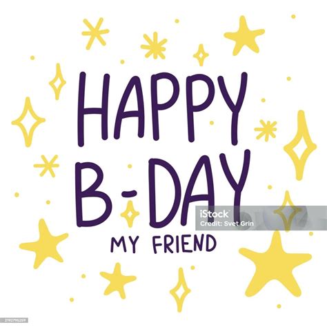내 가장 친한 친구 생일 축하해 별과 비문이 새겨진 엽서 벡터 평면 만화 텍스트 벽지 복고풍 스타일의 생일 축하를 위한 어린이 타이포그래피 만화 디자인 노란 별 0명에 대한