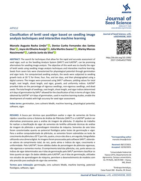 Pdf Classification Of Lentil Seed Vigor Based On Seedling Image Analysis Techniques And