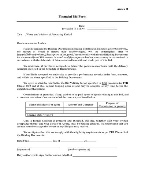 Financial Bid Form Template Pdf Business