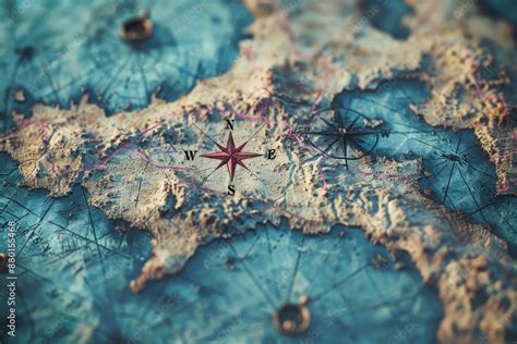 Vintage Map Of A Treasure Island With An X And Compass Stock