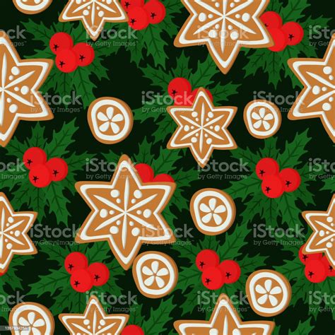 진저 브레드 눈송이 매끄러운 패턴 크리스마스 진저 브레드와 어두운 녹색 배경에 홀리 0명에 대한 스톡 벡터 아트 및 기타 이미지
