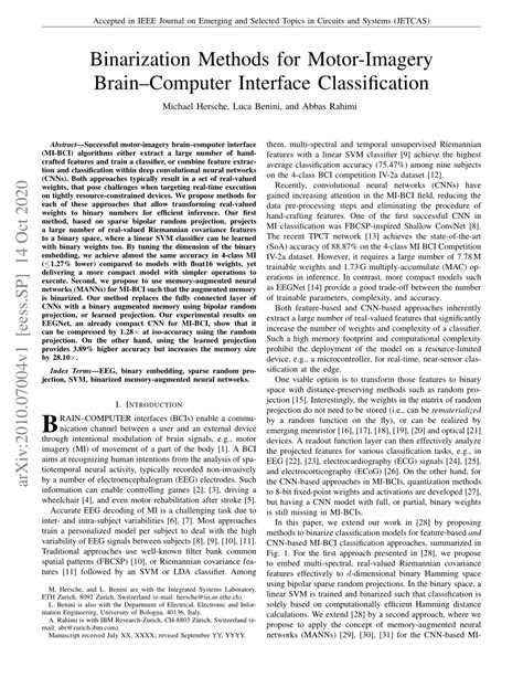 PDF Binarization Methods For Motor Imagery Brain Computer Interface Classification
