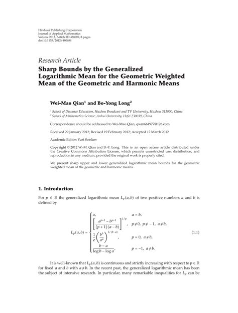 Pdf Sharp Bounds By The Generalized Logarithmic Mean For The Geometric Weighted Mean Of The