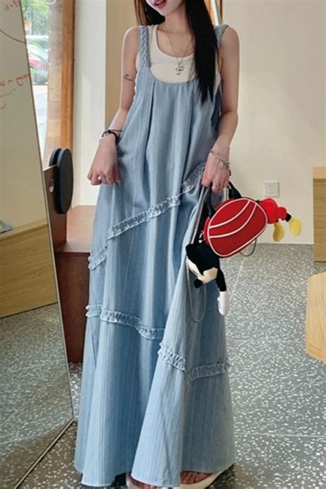 핑크프릴 세이 라이트 블루 러블리 프릴 띠장식 나시 A라인 데님 롱원피스