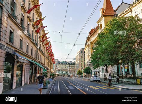 Geneva Switzerland August 30 2016 People At Rue De La Corraterie Street With Luxury Store