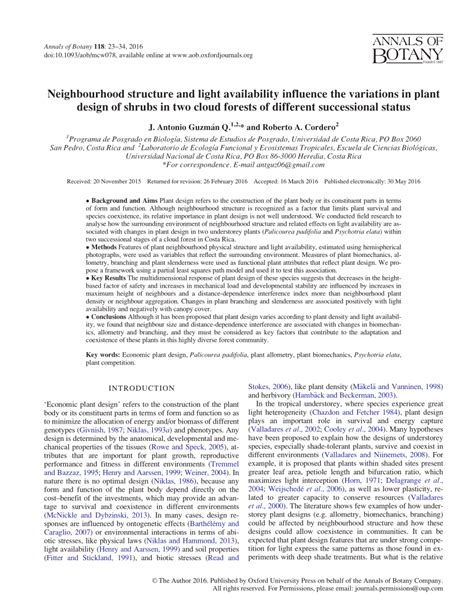 Pdf Neighbourhood Structure And Light Availability Influence The Variations In Plant Design Of