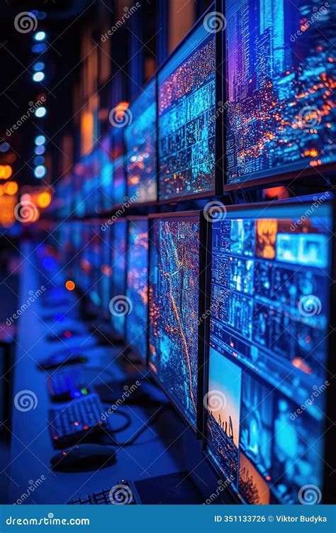 Modern Control Room At Night Many Computer Screens Display Data Surveillance Footage