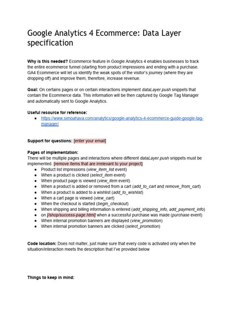 Template Ga4 Ecommerce Implementation Developer Specification Pdf